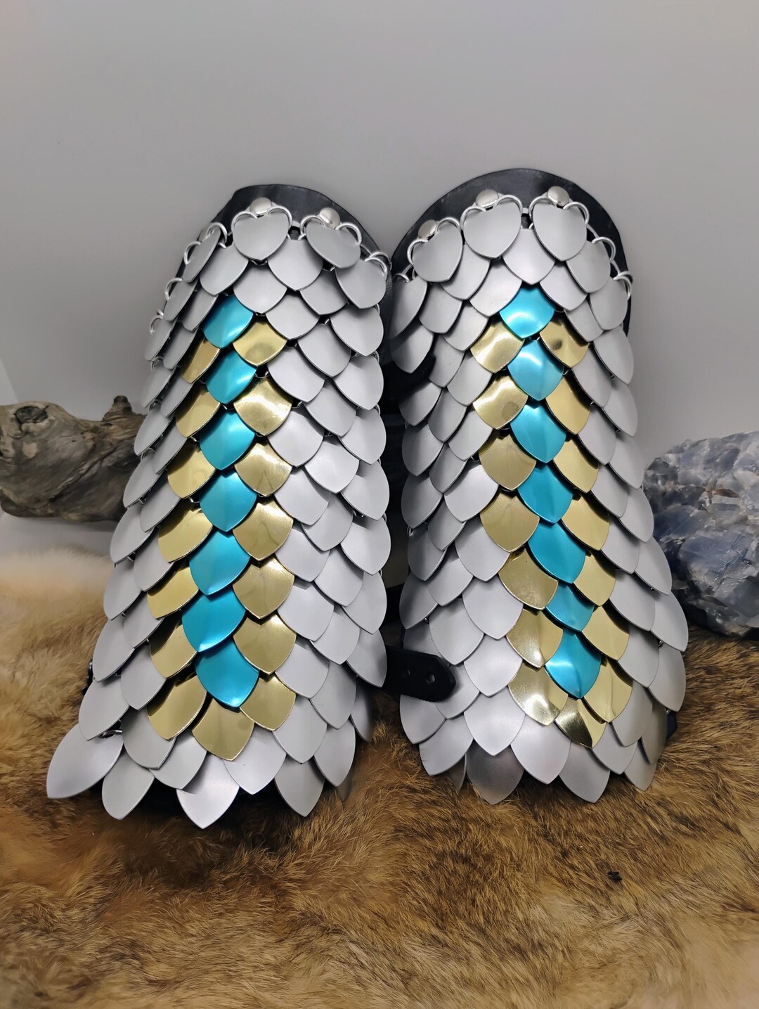 Silver, Gold and Blue Scalemail Leather Bracers - Chain and Scale ...