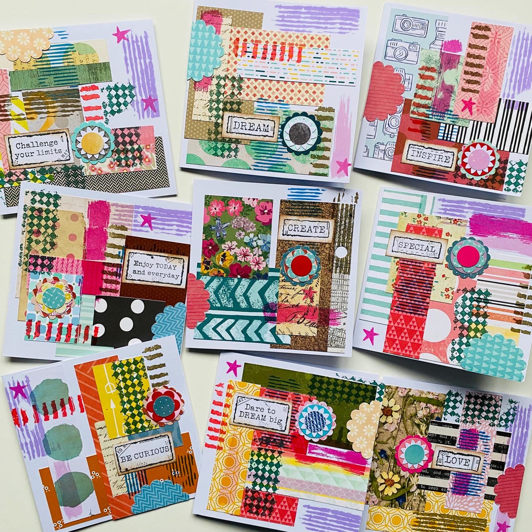 Handmade Collage Cards, Mixed Media Art, 5x5 Blank Greetings, Set of 5 ...