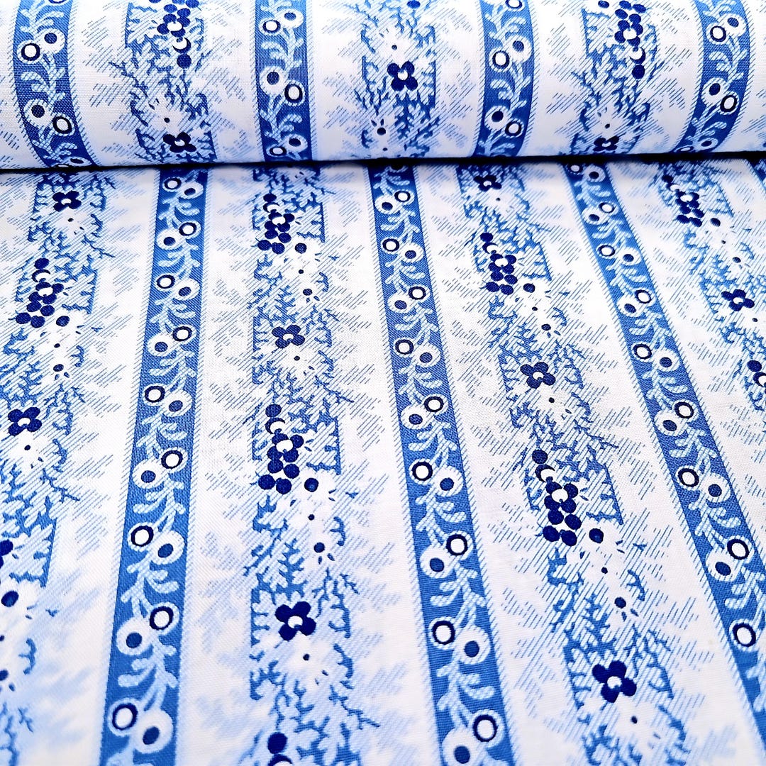 Porcelain Cotton Fabric Andover Reproduction Stripe Flowers Vines by ...