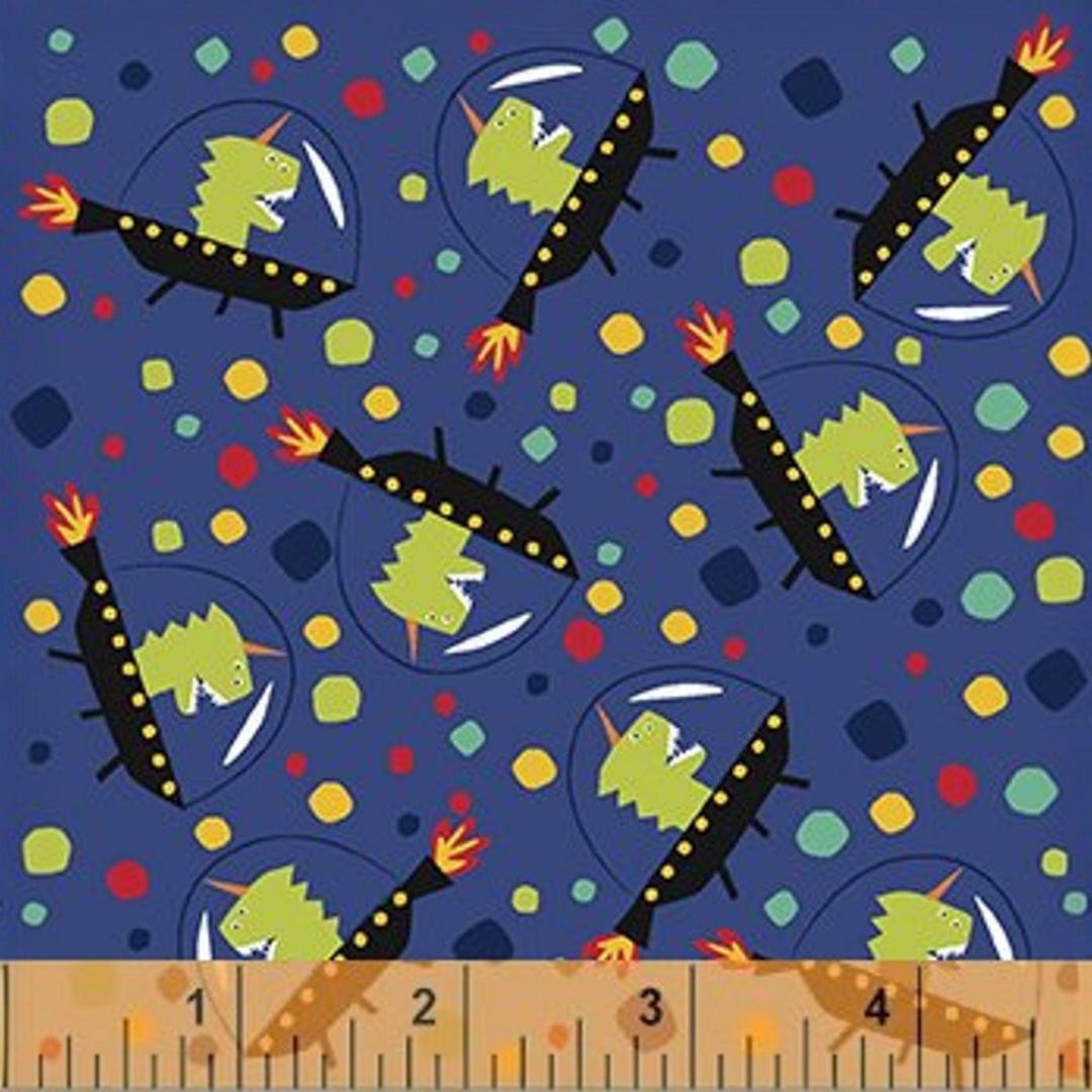 Aliens in Space Cotton Fabric Small Ships Unicorn Monster Dark Blue by ...