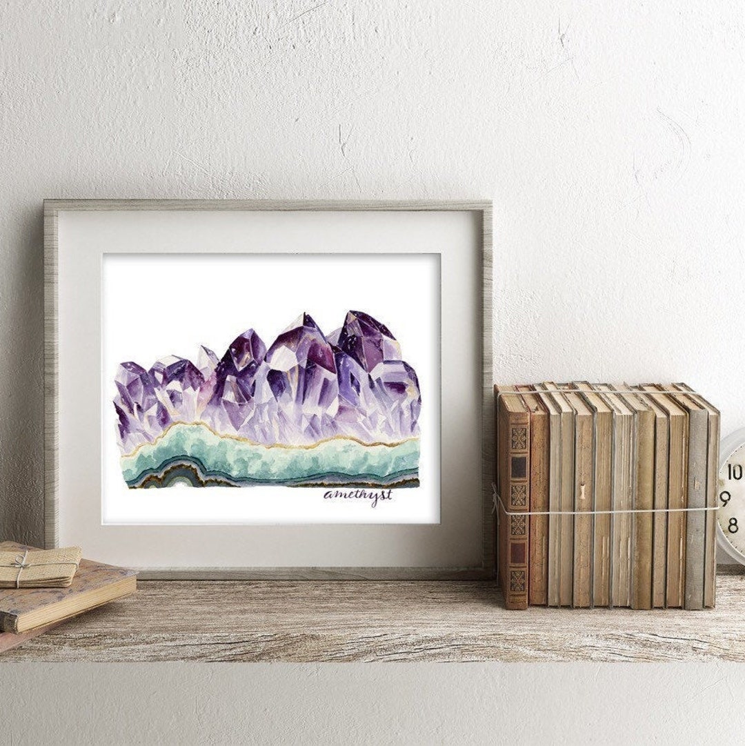 Amethyst Watercolor Painting, February Birthstone, Purple Crystal ...