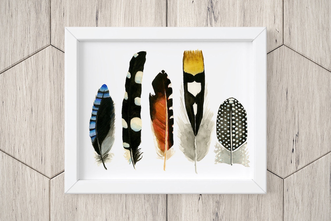 5 Feathers Family of 5 Painting Watercolor Painting Wall | Etsy
