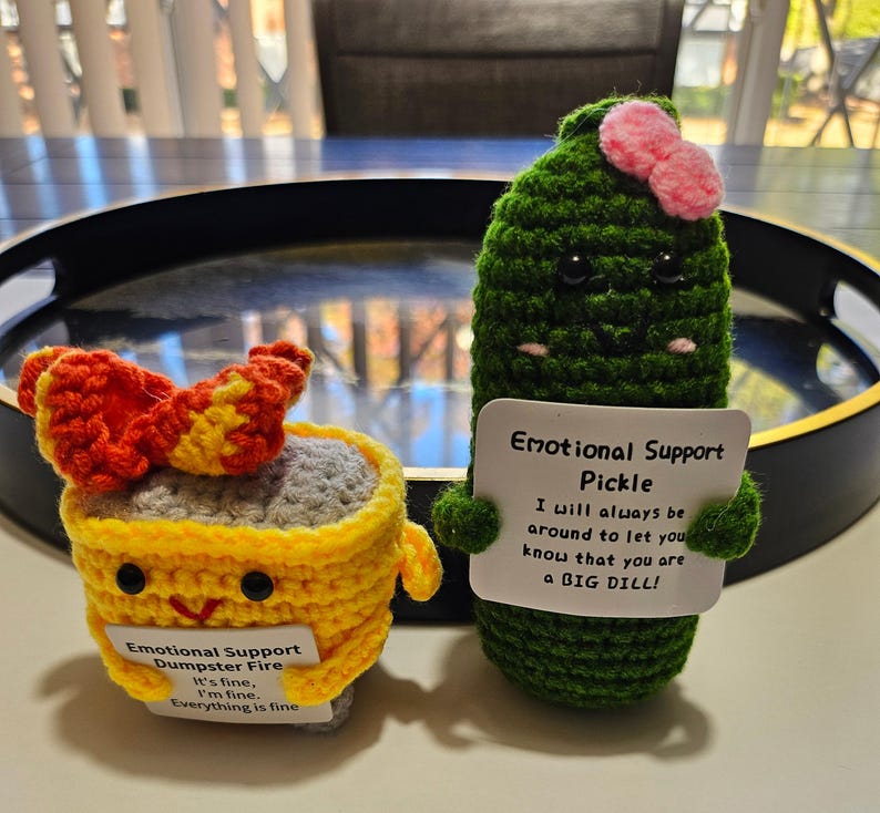 Emotional Support Crochet Dumpster Fire & Pickle, Positive Card ...