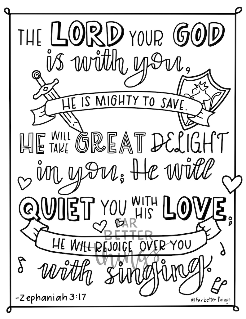 Bible Verse Coloring Page Zephaniah 3:17 Printable Bible - Etsy Norway