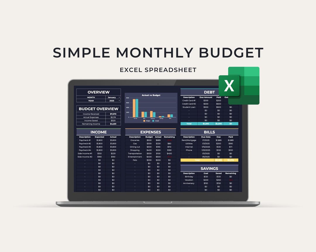 Dark Mode Simple Monthly Budget Spreadsheet | Excel Budget Template ...