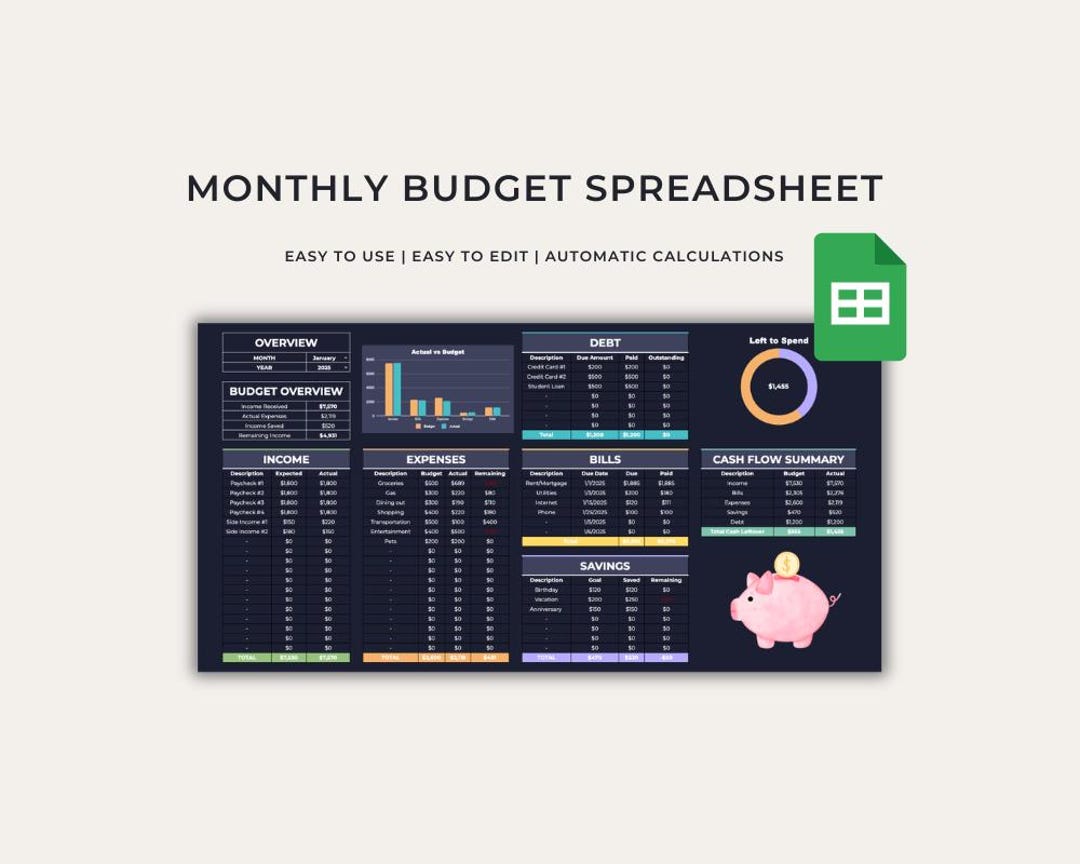 Dark Mode Monthly Budget Spreadsheet | Google Sheet Budget Template ...