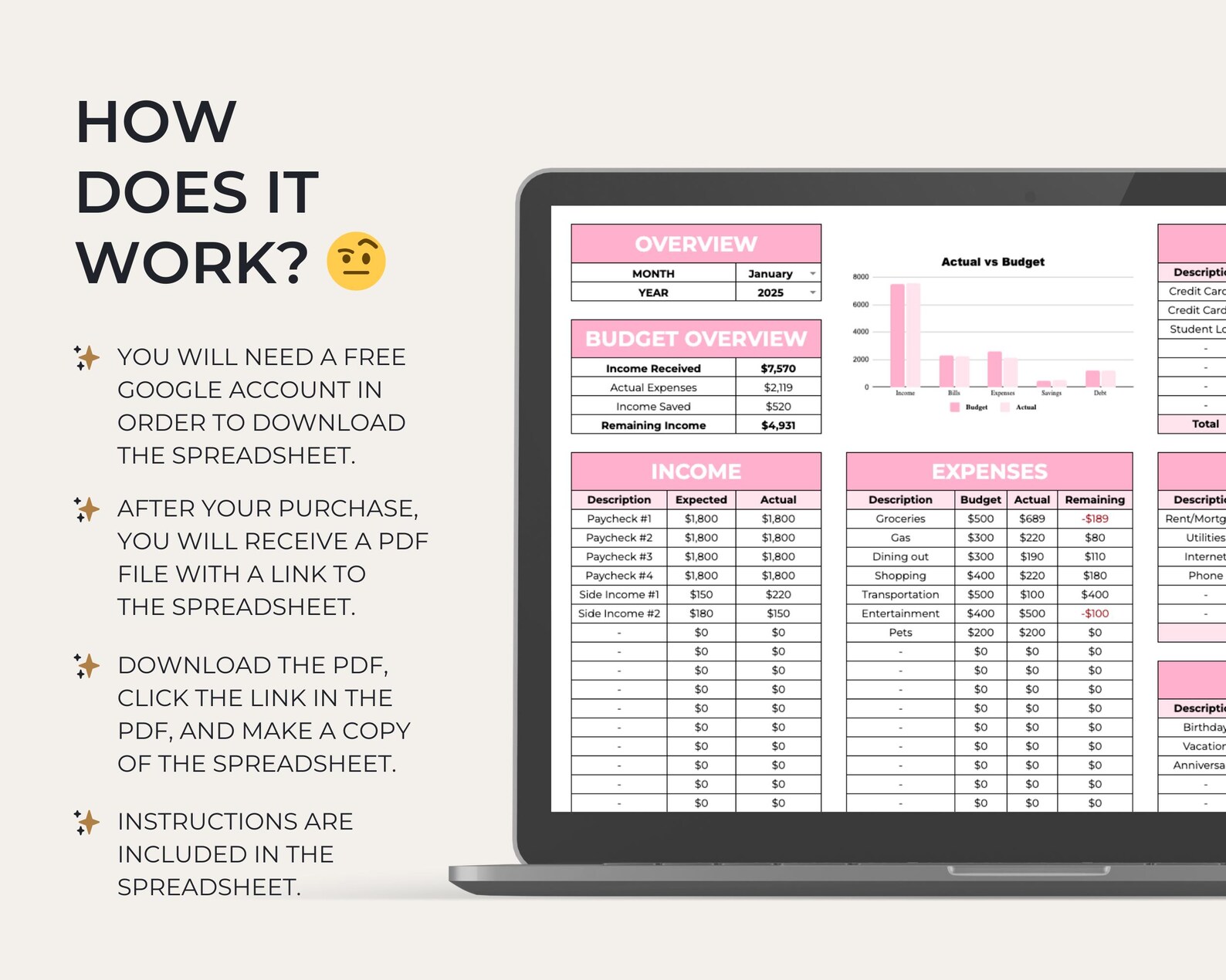 Pink Monthly Budget Spreadsheet | Google Sheet Budget Template ...