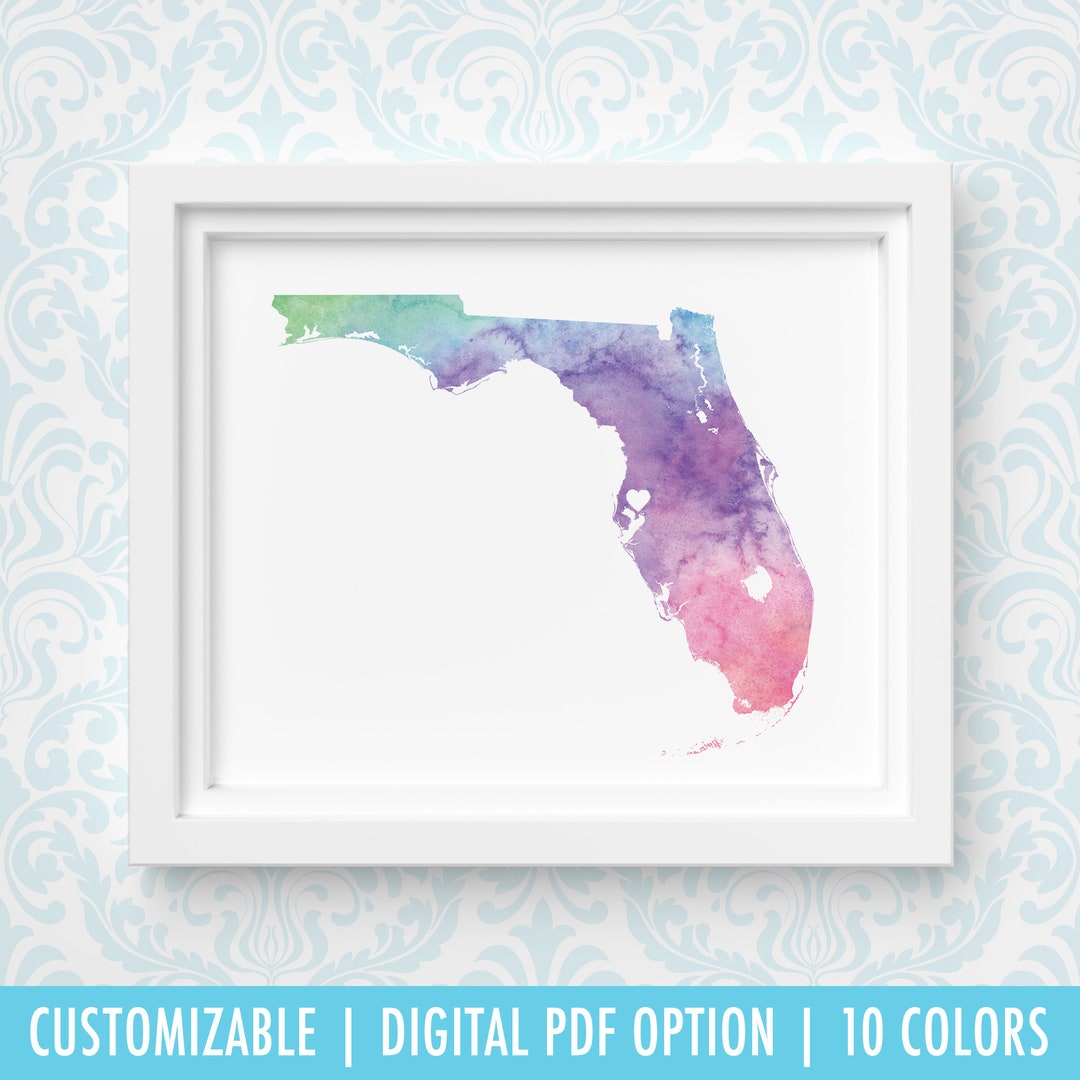 Florida Art Print, Personalized Map Art, Original Watercolor Painting ...