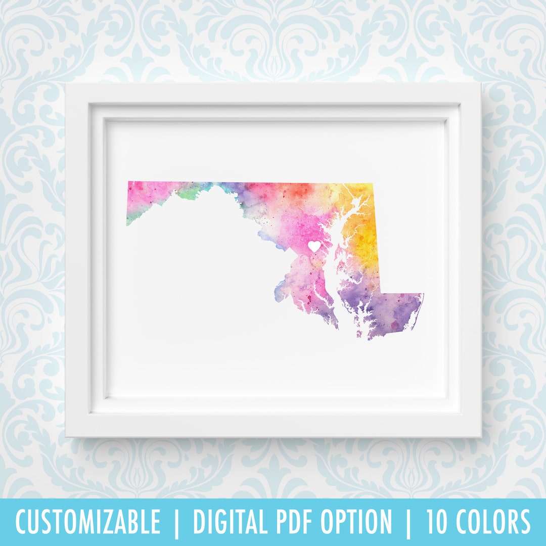 Maryland Art Print, Personalized Map Art, Original Watercolor Painting ...