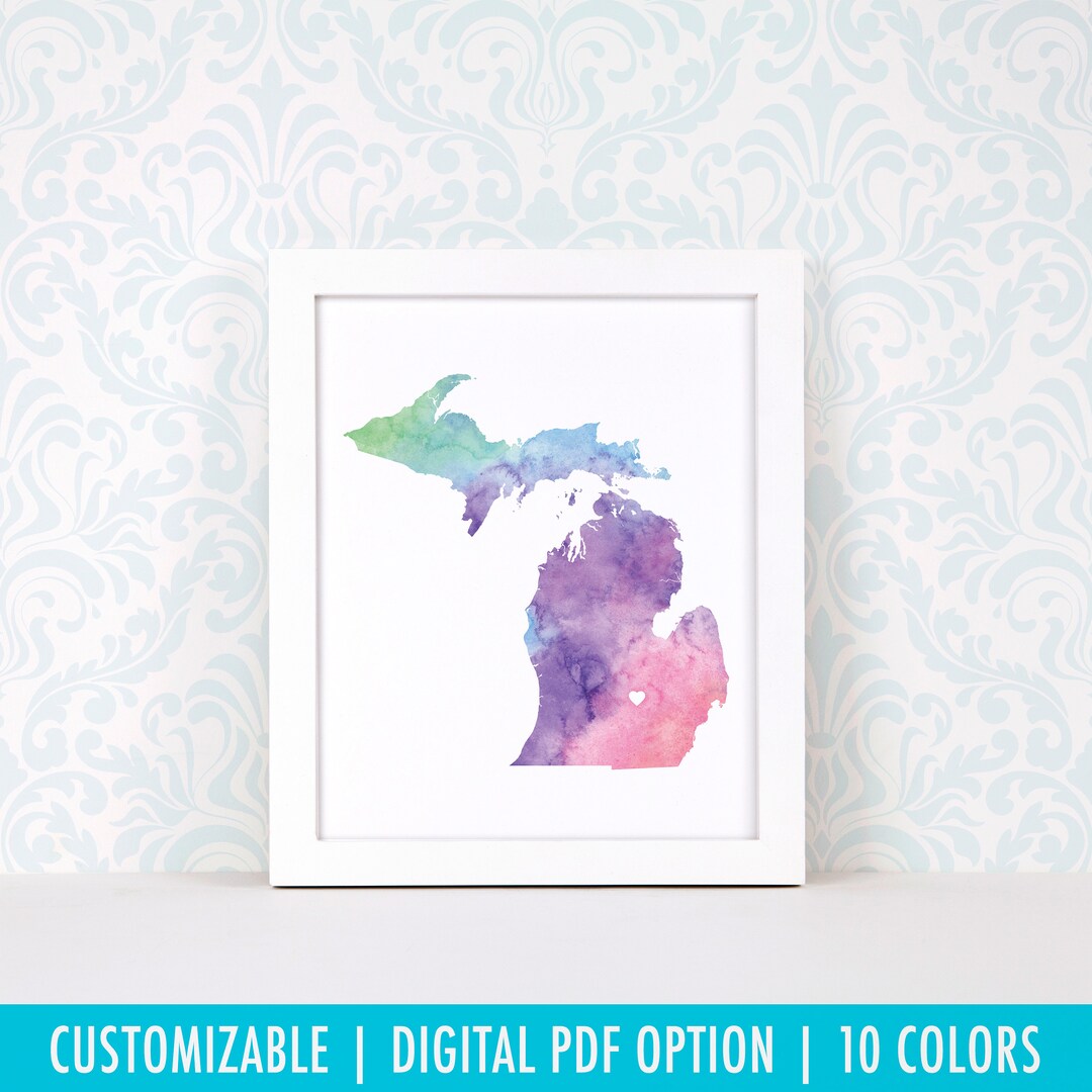 Michigan Art Print, Personalized Map Art, Original Watercolor Painting ...