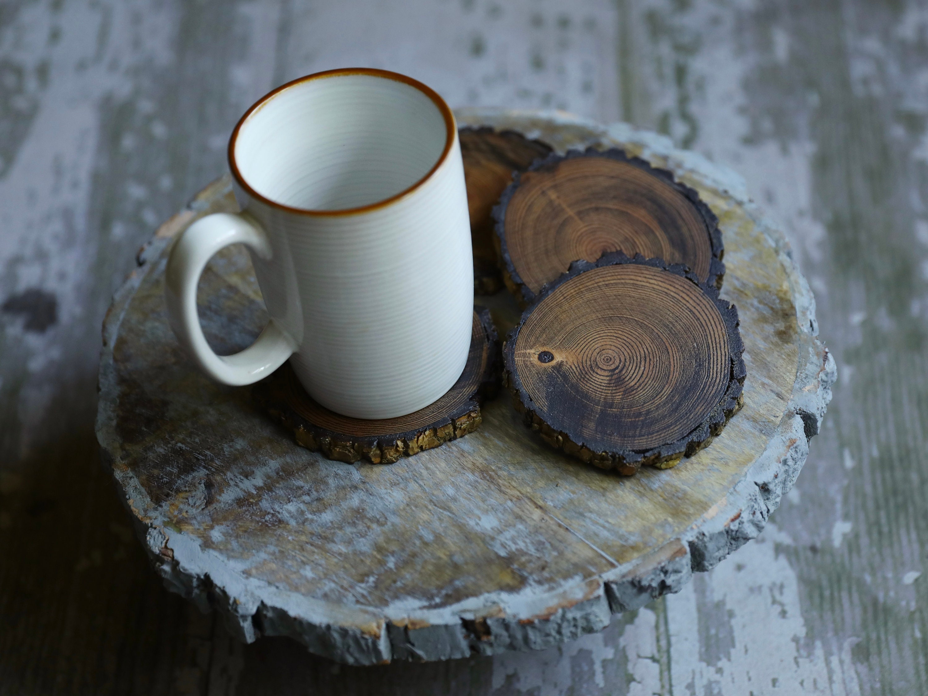 Natural Tree Wood Coasters With Bark & Dark Stain 4-pack - Etsy