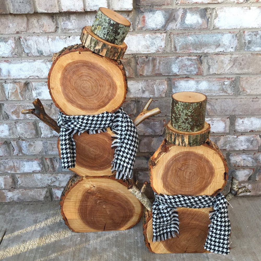 Natural Tree Wood Snowman With Bark, Reclaimed Wood Snowman With Stand ...