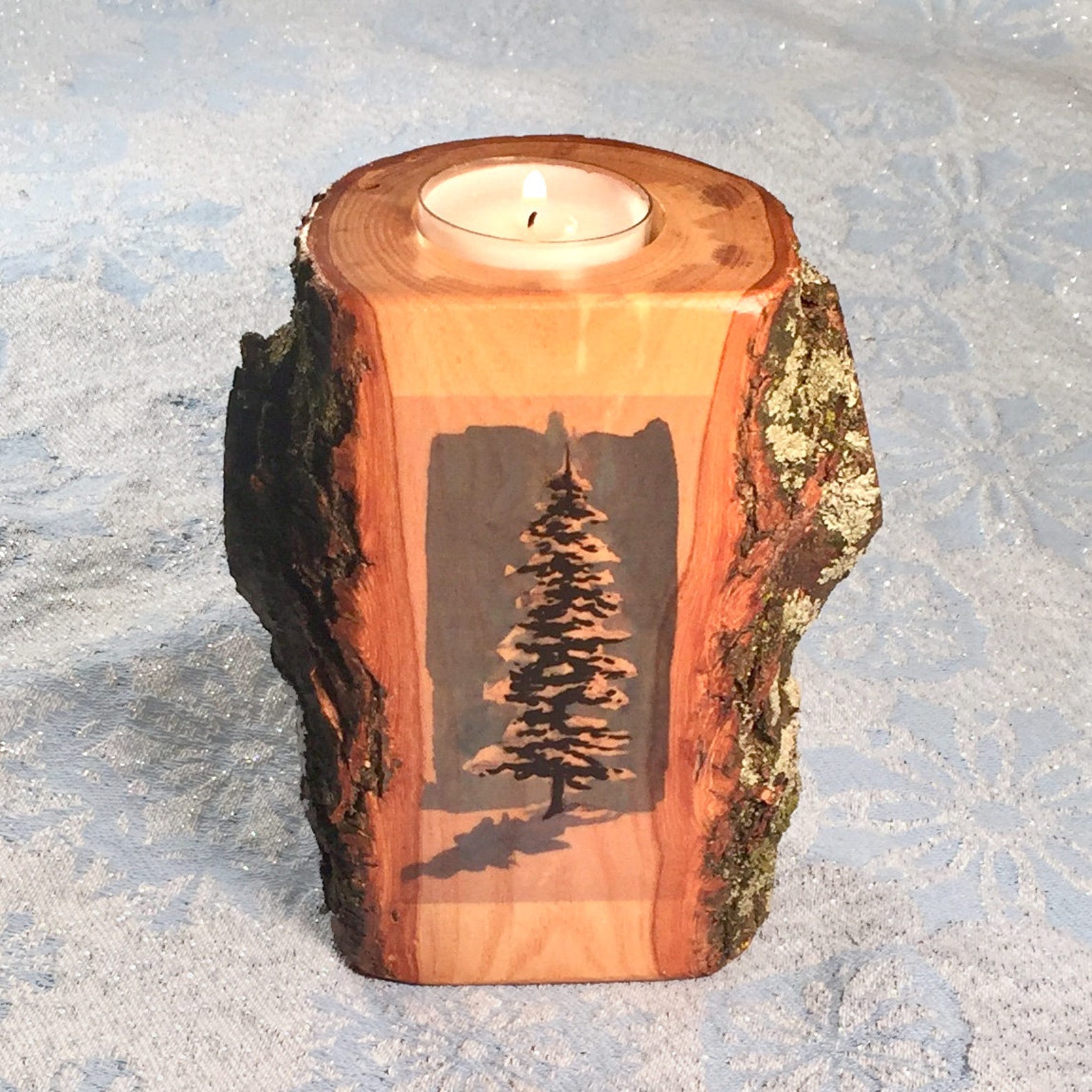 Snowy Tree Wood Tealight Candle Holder, Rustic Home Decor, Reclaimed ...