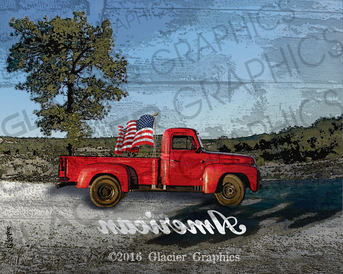 Vintage Red Truck With American Flag Country Farmhouse - Etsy