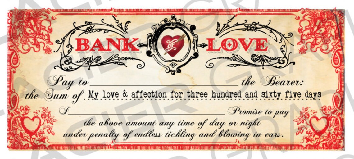 Victorian Valentine Bank of Love Checks DIY Valentine for Him | Etsy