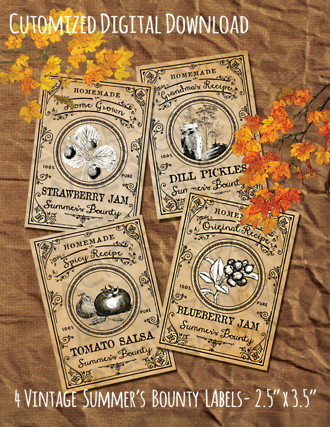 Dill Pickles Label, Summer's Bounty Labels, Digital Rustic Style Gift ...