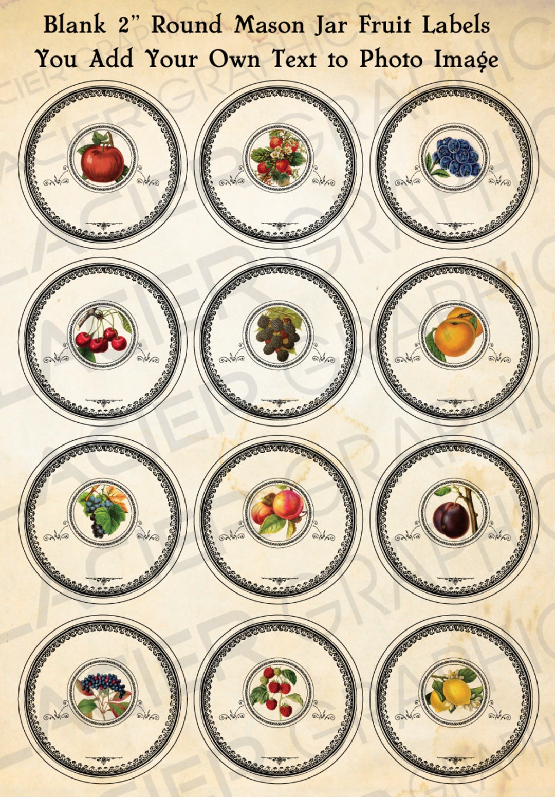 Blank 2in Round Fruit Canning Labels Vintage Fruit Jar Tops YOU ADD ...