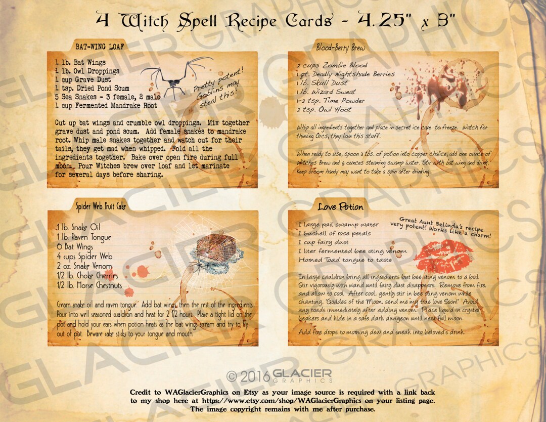Digital Halloween Witch Recipe Cards Halloween Witch Spells Vintage ...