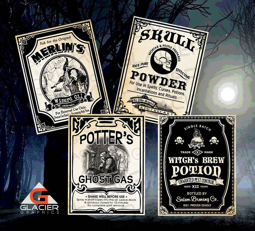 Halloween Witch Labels Vintage Poison Apothecary Tags Potion Bottle ...