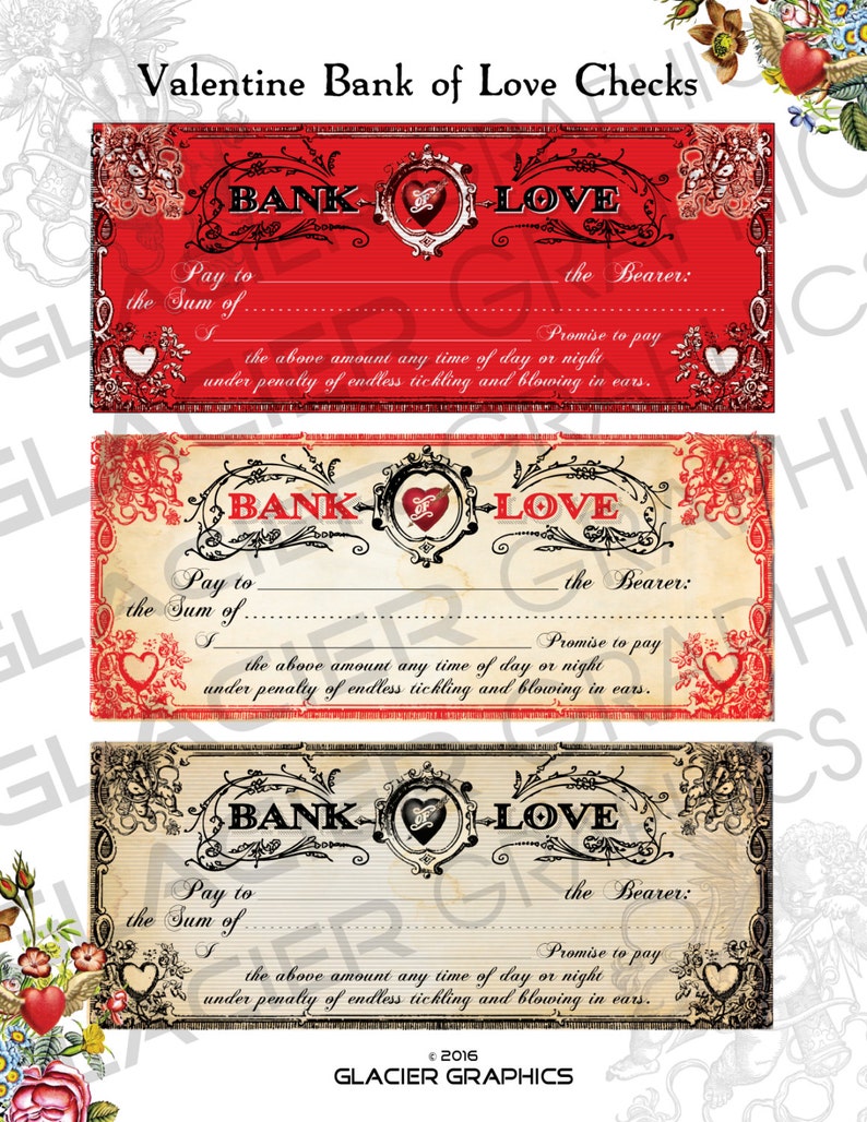 Victorian Valentine Bank of Love Checks DIY Valentine for Him Printable ...