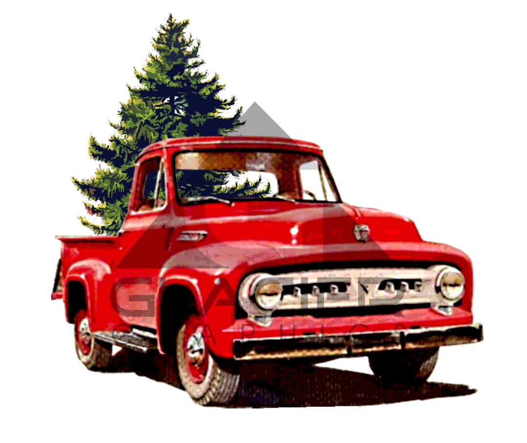 Vintage Red Ford Truck & Christmas Tree Farm PNG File Transparent ...