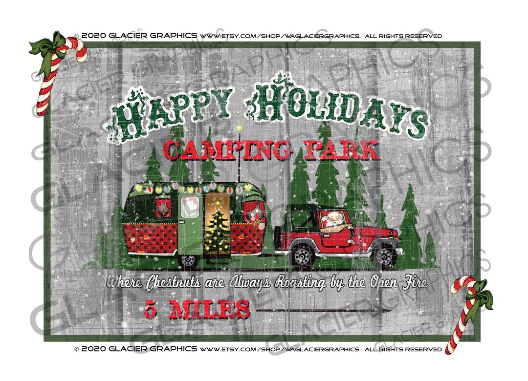 CHRISTMAS Happy Holidays Camping Park DIGITAL Rustic Vintage Wood ...