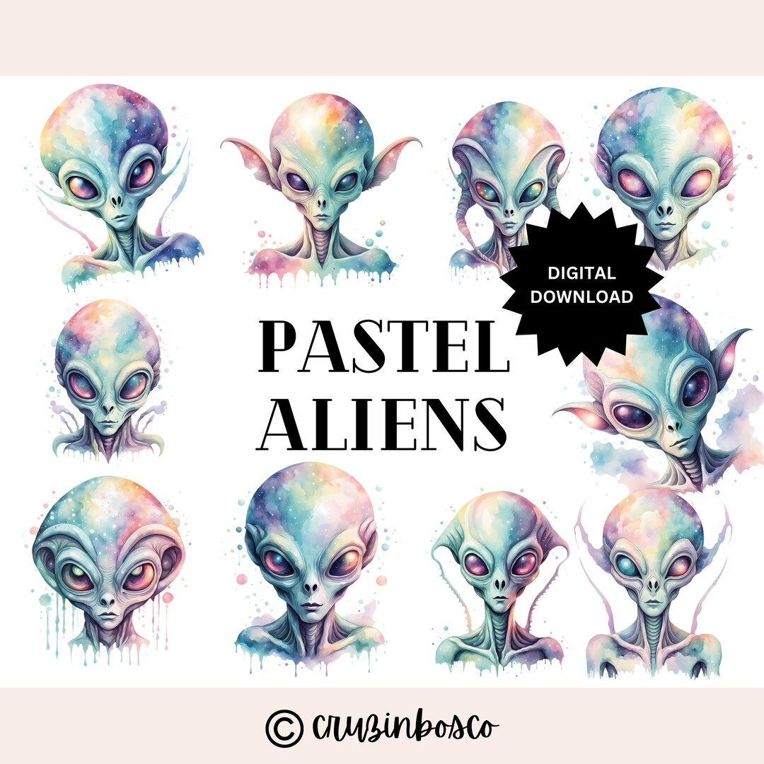 Watercolor Pastel Alien Clipart Bundle, Galactic Space Set, High ...