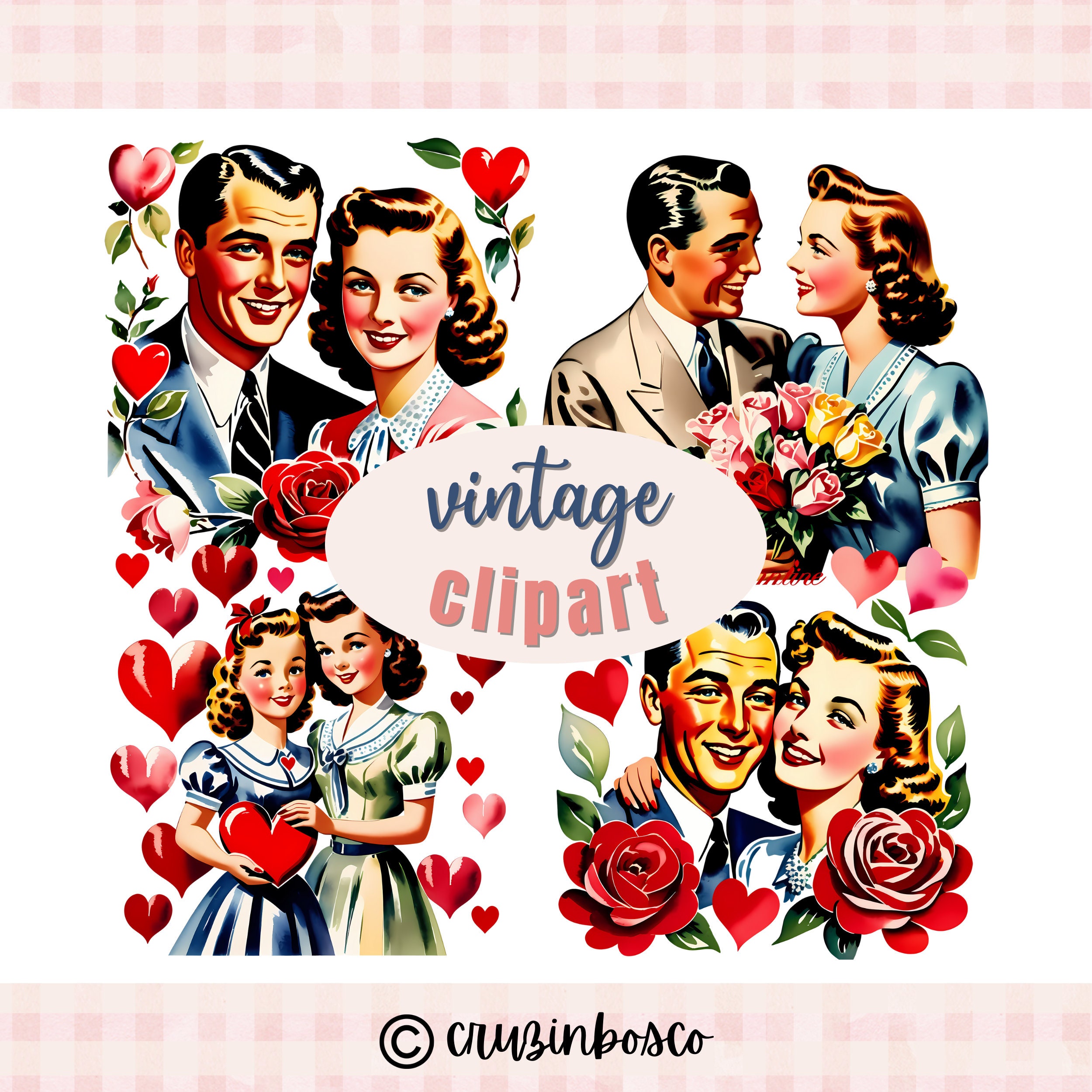 Vintage Valentine's Day Clipart Bundle, Retro Graphics, 1940s Romance ...