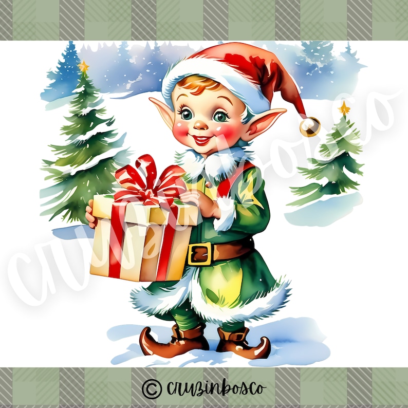 Vintage Christmas Elves Clip Art, 1940s, Retro Xmas, Holiday, Clipart ...