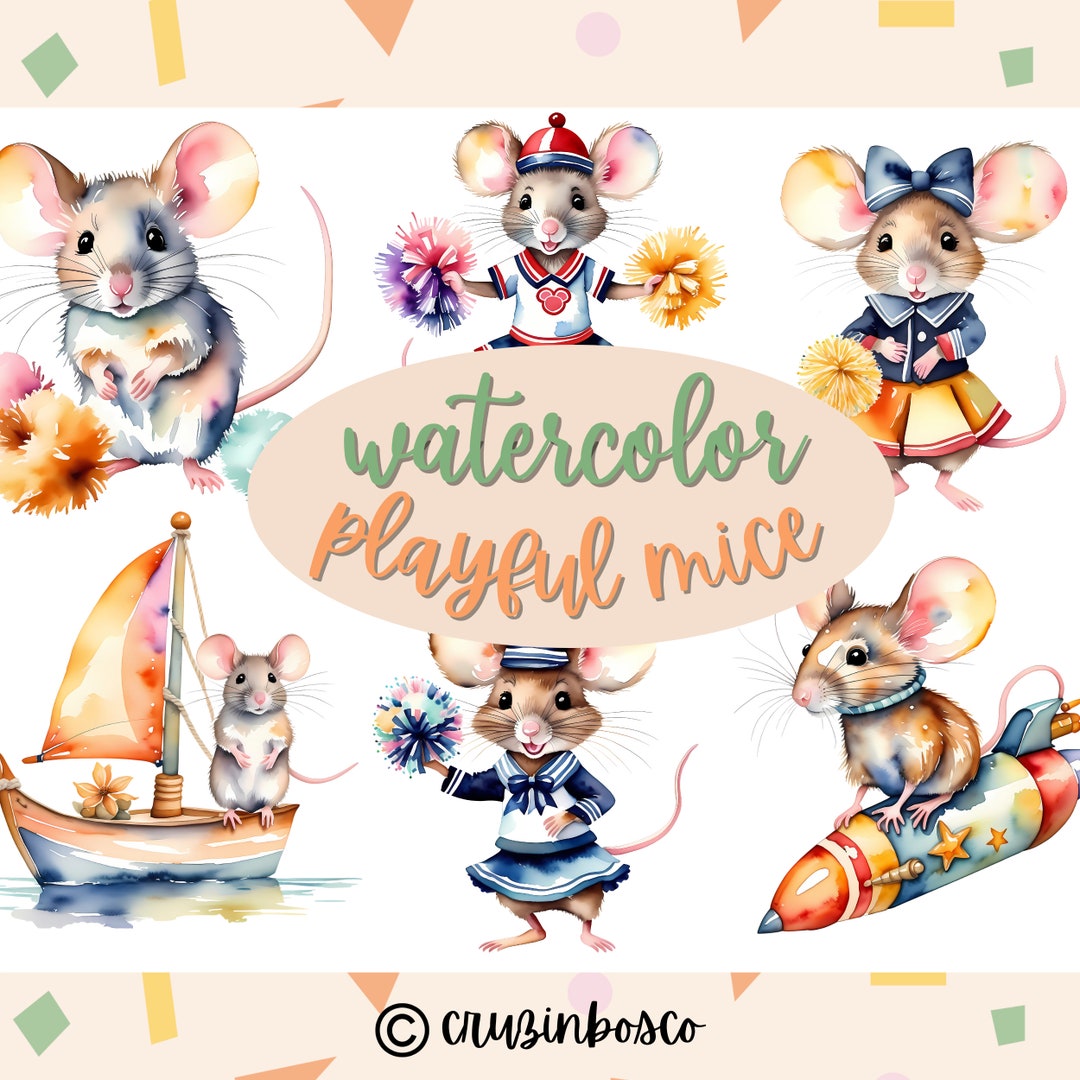 Watercolor Mouse Nursery Decor, Sporty Fun Mice, Clipart, Wall Art ...