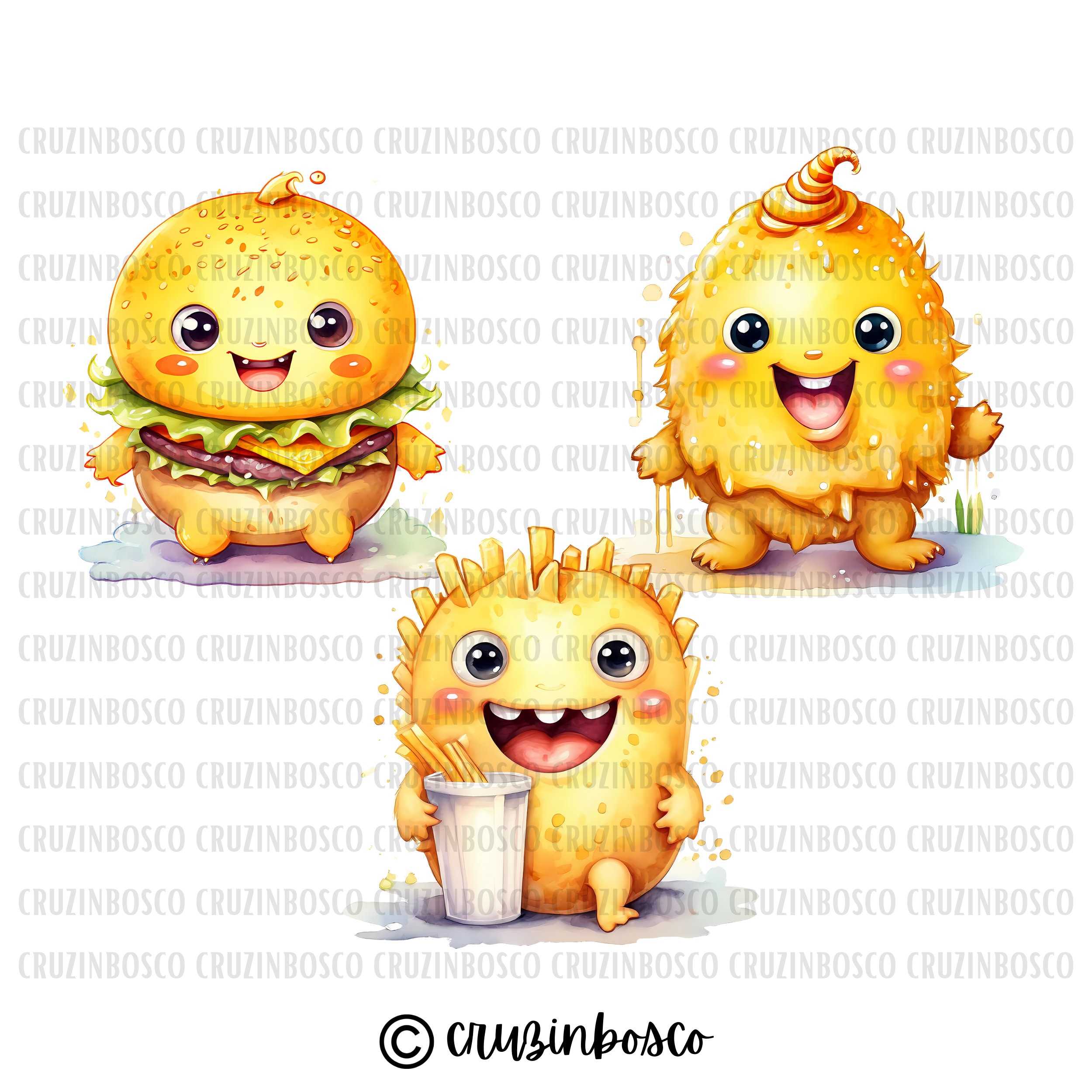 Friendly Food Monster Clipart, Kawaii Cute Junk Food, Foodie, Child ...