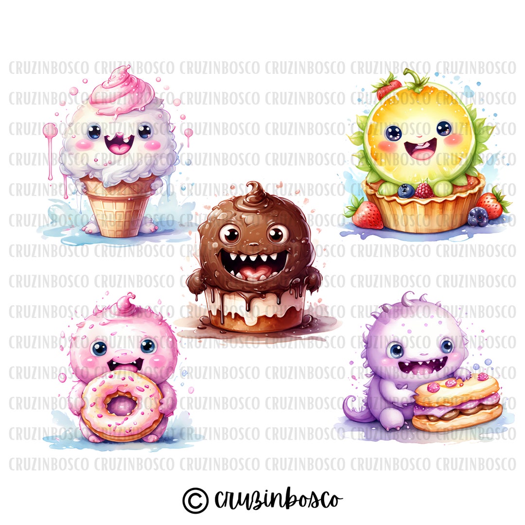 30+ Sweets Monster Clipart, Kawaii Dessert PNG, Storybook Illustration ...