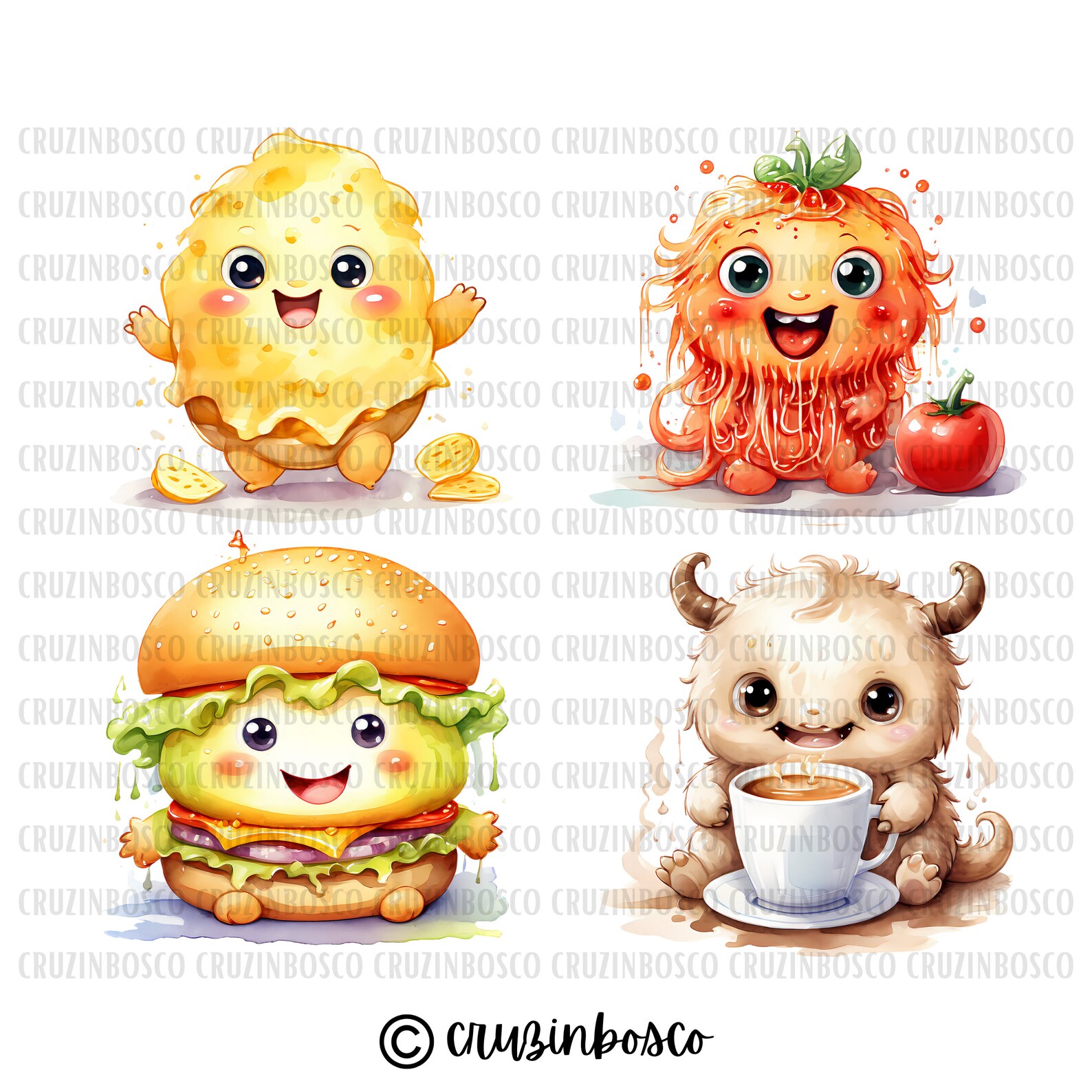Friendly Food Monster Clipart, Kawaii Cute Junk Food, Foodie, Child ...