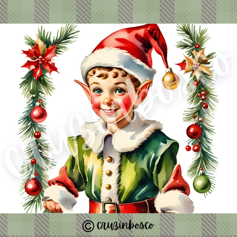 Vintage Christmas Elves Clip Art, 1940s, Retro Xmas, Holiday, Clipart ...