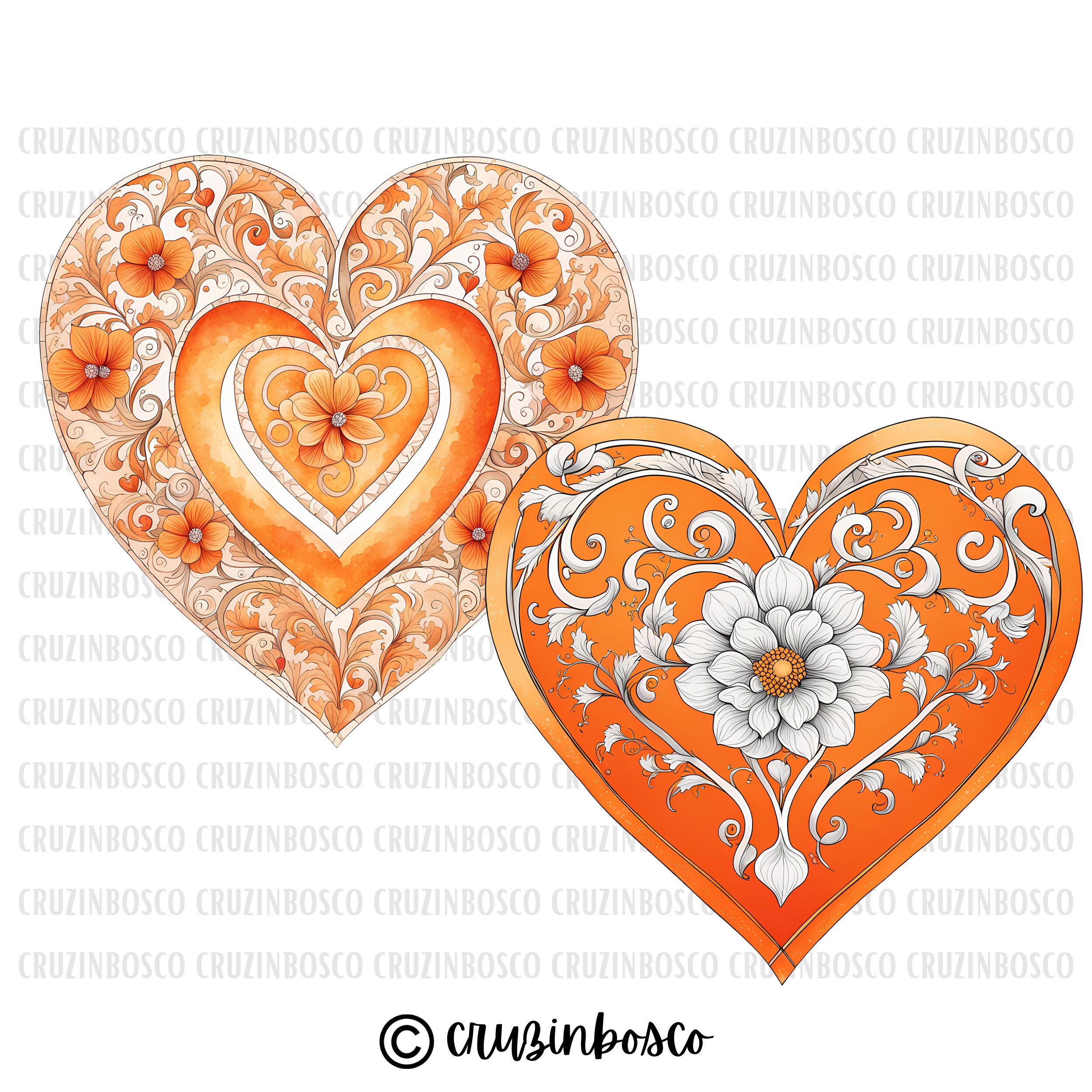 Orange Floral Hearts Clipart Collection Valentine Bundle High Quality ...