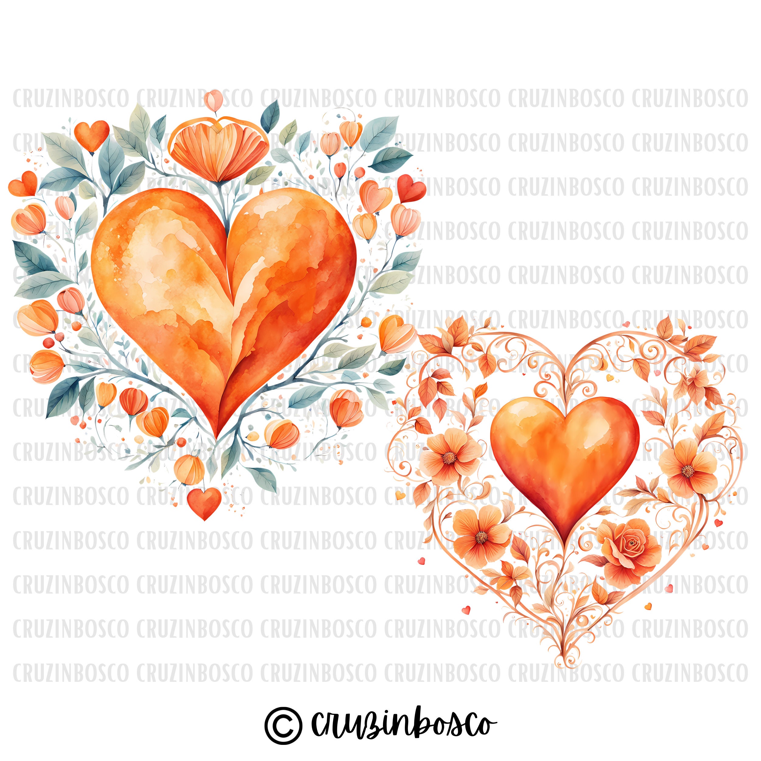 Orange Floral Hearts Clipart Collection Valentine Bundle High Quality ...