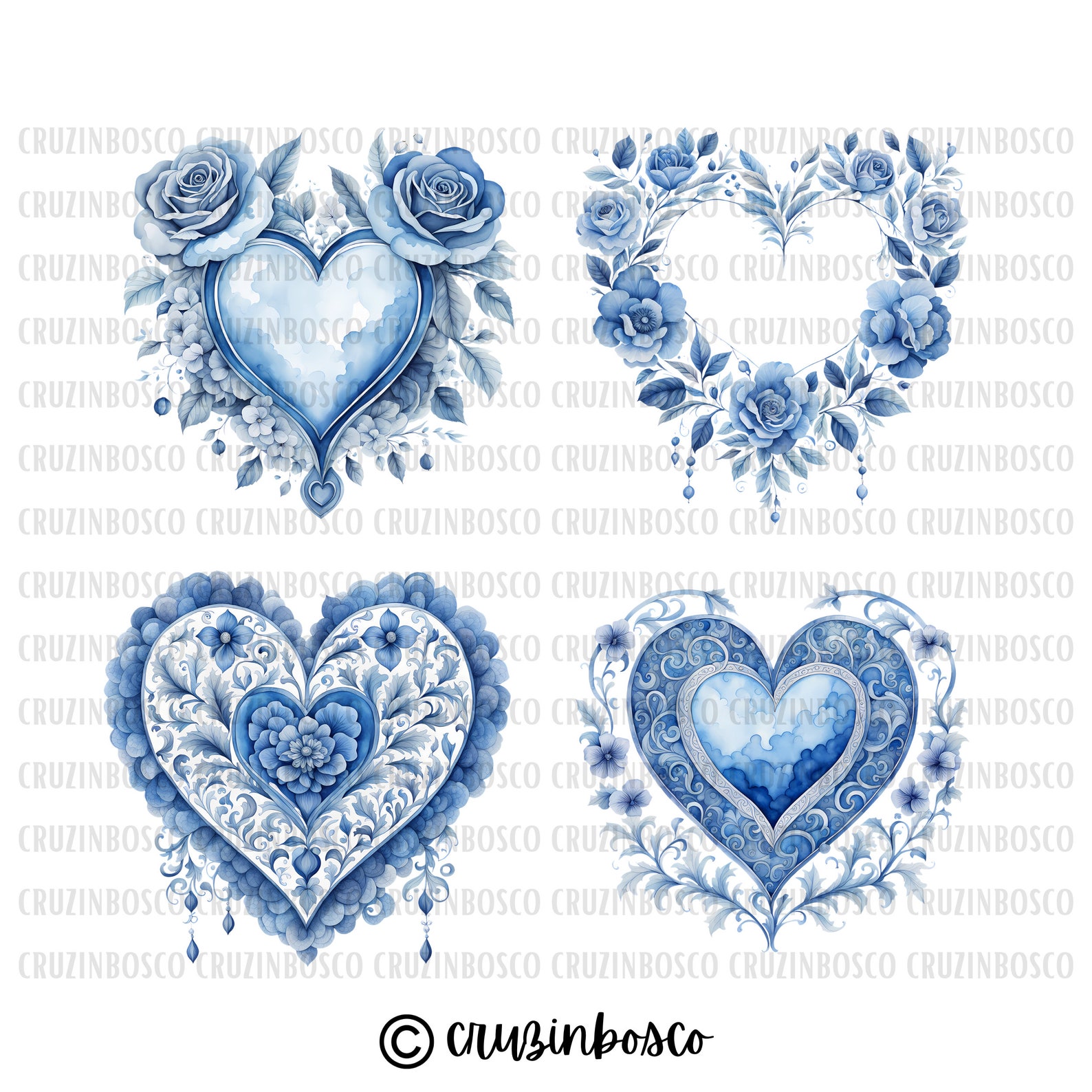 Watercolor Blue Hearts Clipart Collection, Valentine Bundle, High ...