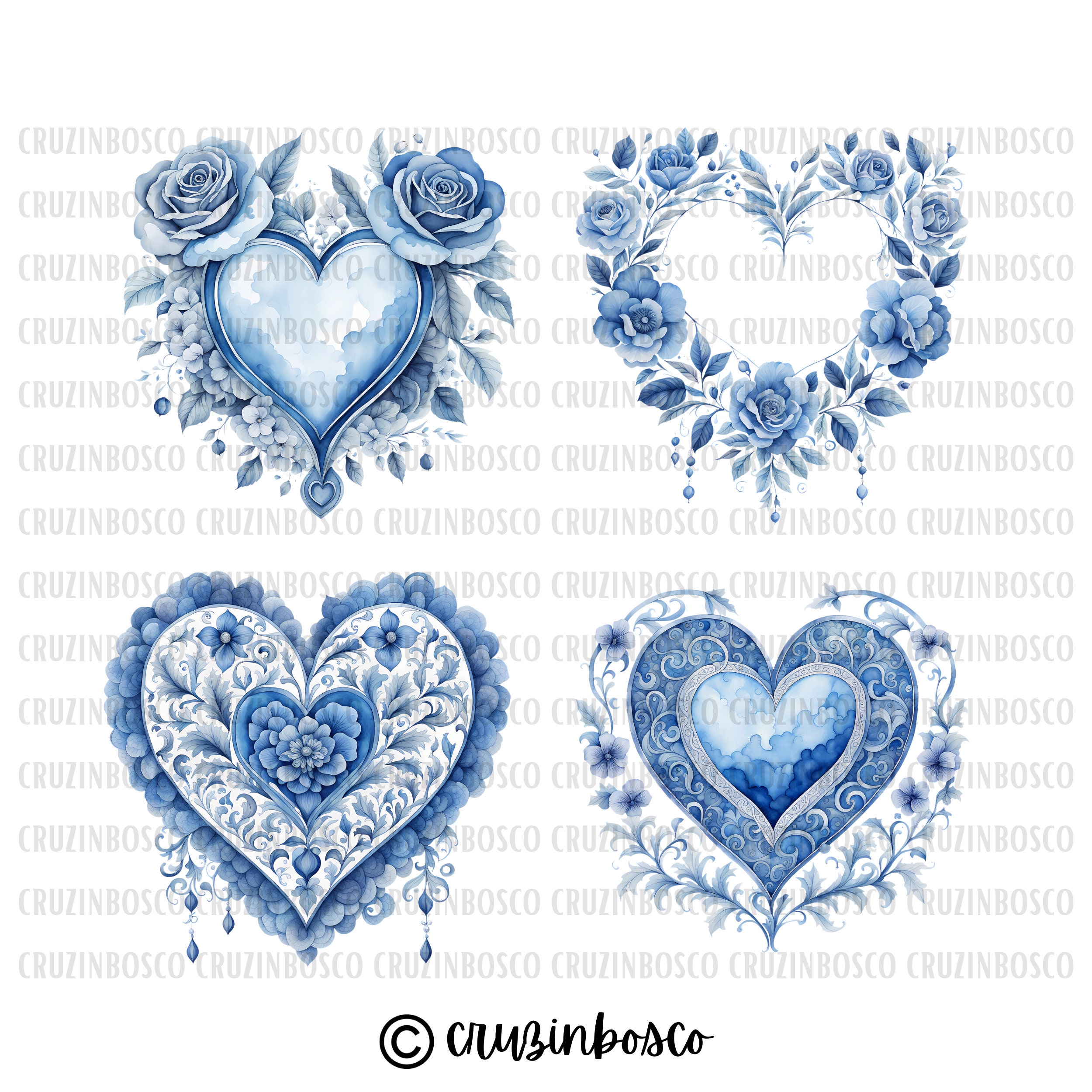 Watercolor Blue Hearts Clipart Collection, Valentine Bundle, High ...