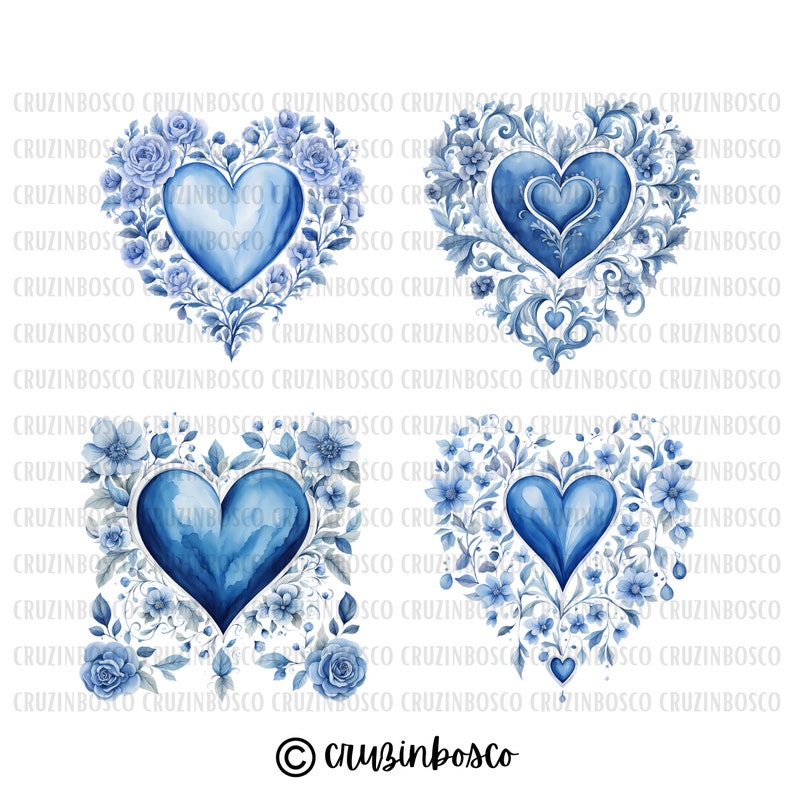 Watercolor Blue Hearts Clipart Collection, Valentine Bundle, High ...