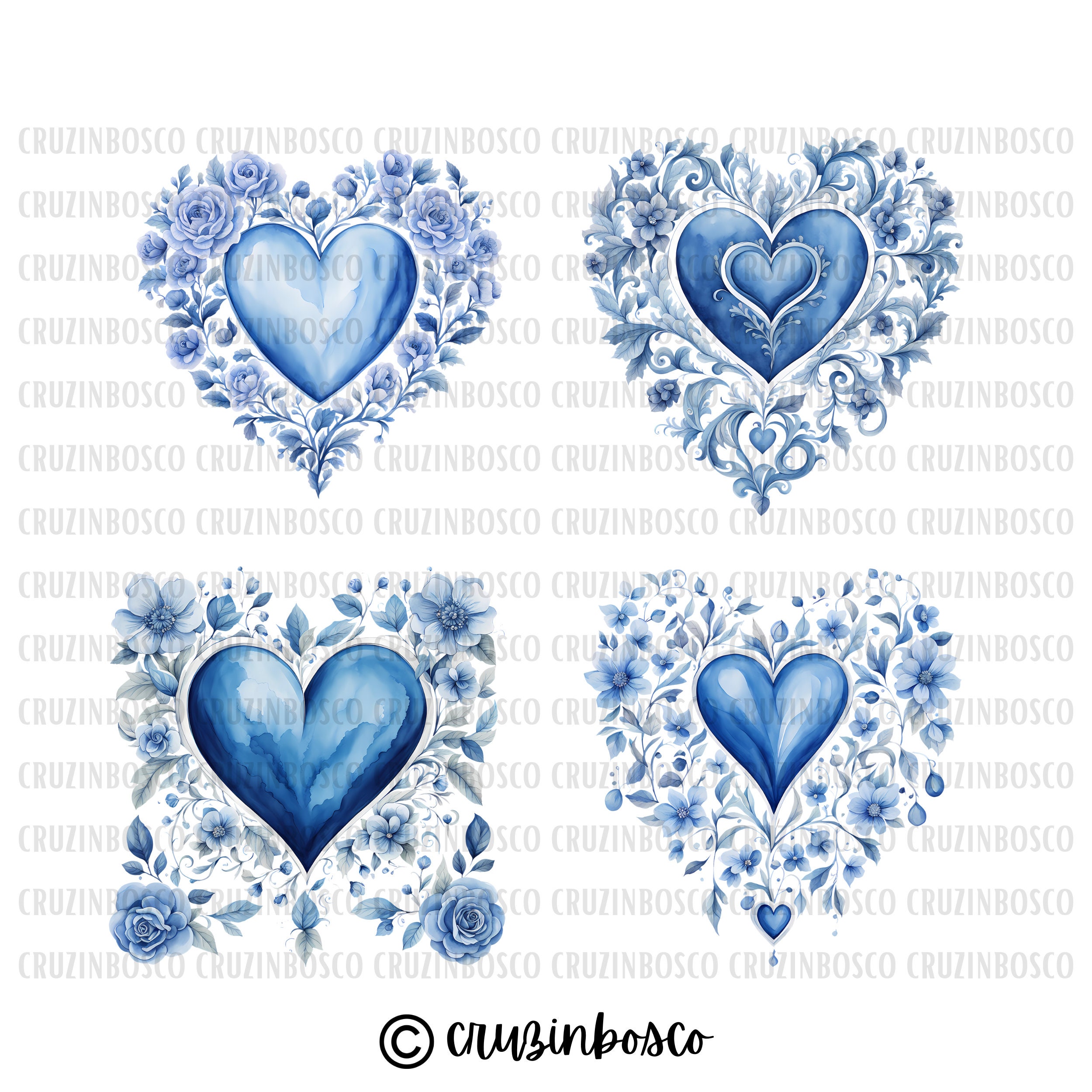 Watercolor Blue Hearts Clipart Collection, Valentine Bundle, High ...