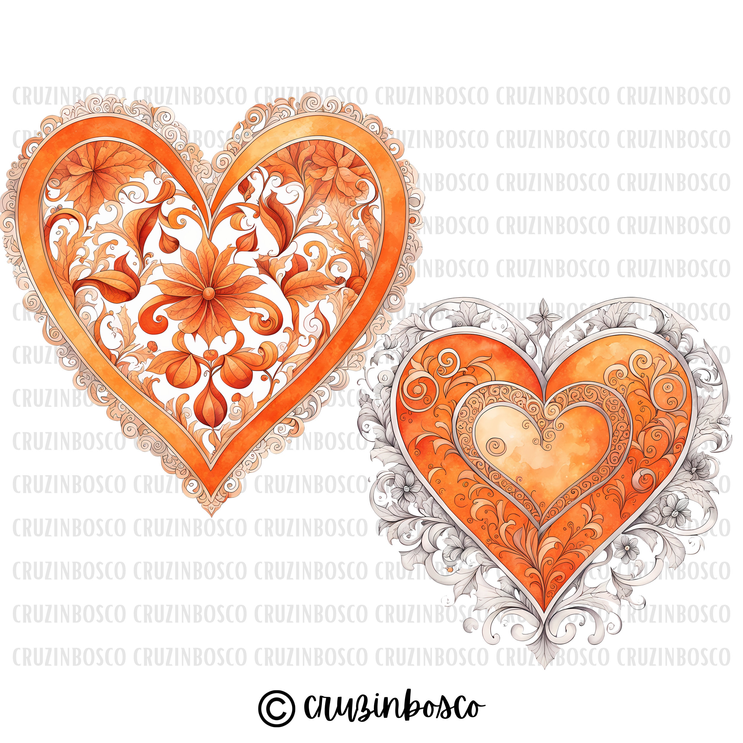 Orange Floral Hearts Clipart Collection Valentine Bundle High Quality ...