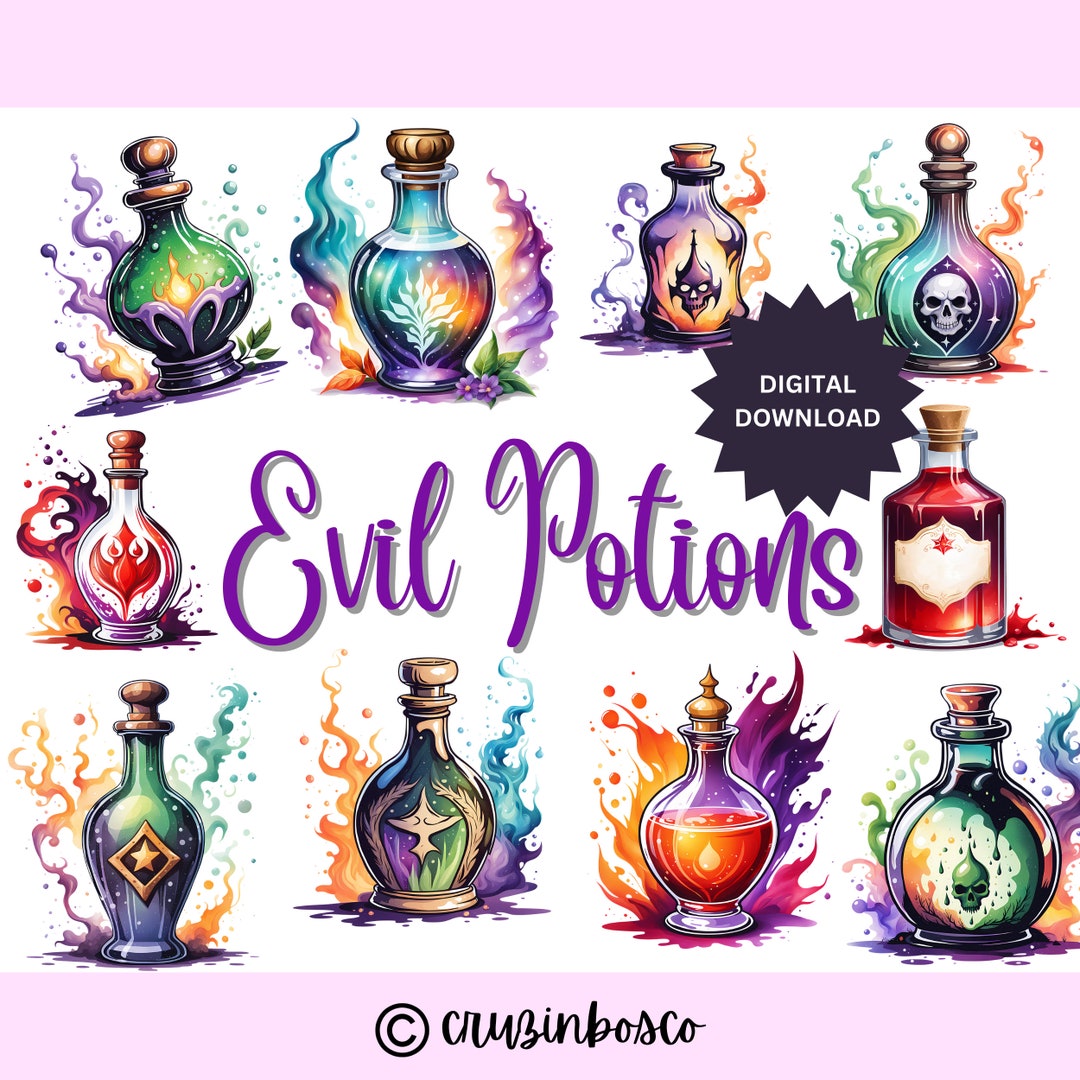20 Evil Potion Bottle Clipart Bundle, Magical Art Set, Vampire Curses ...