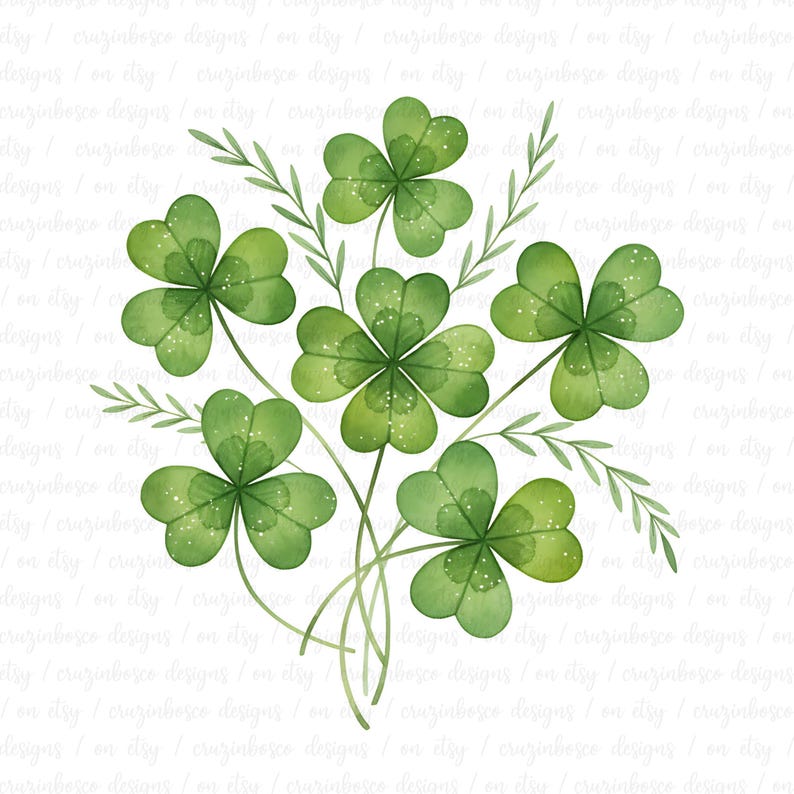 Clover Cluster Clipart Bundle - 12 PNG - Watercolor Shamrock Groups, St ...