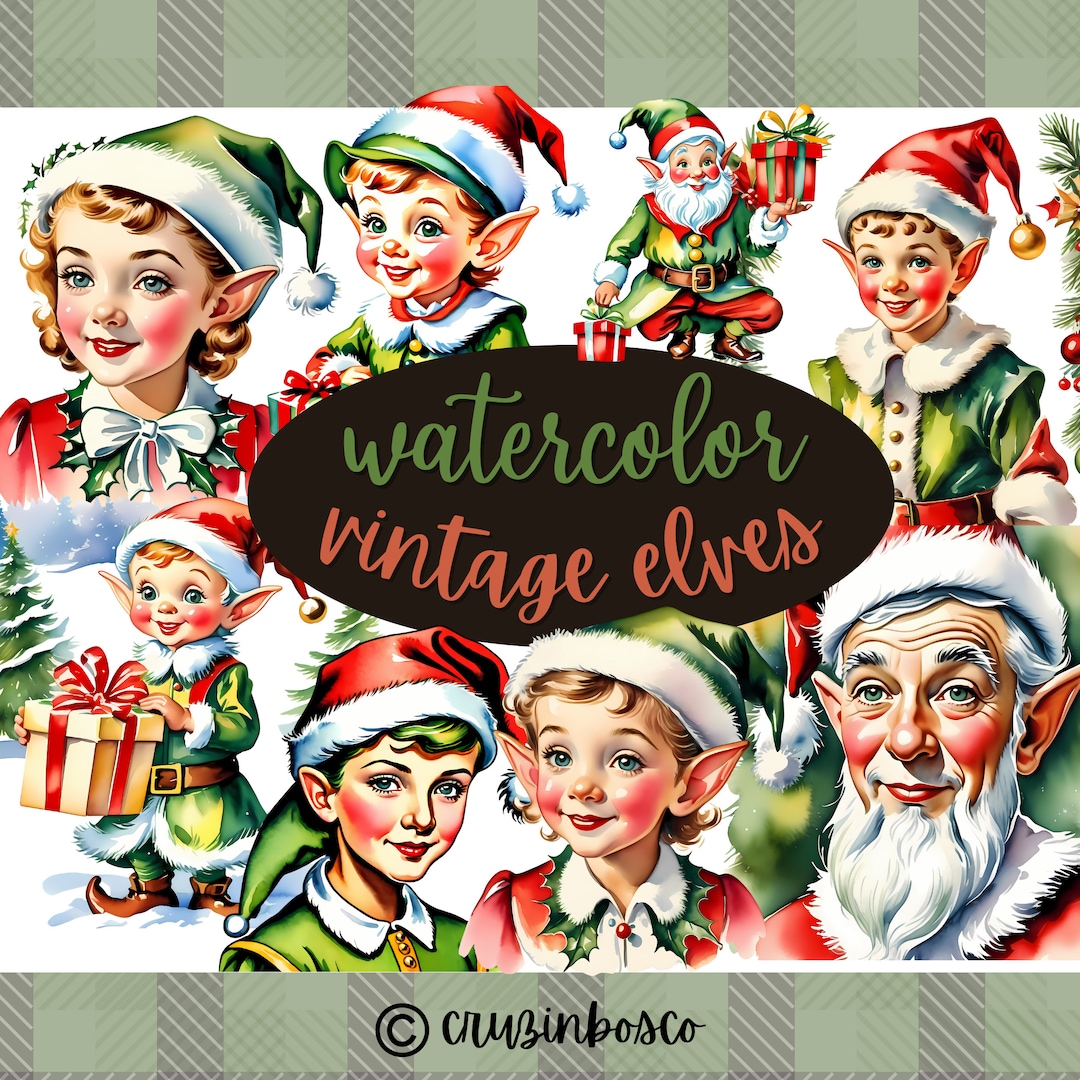 Vintage Christmas Elves Clip Art, 1940s, Retro Xmas, Holiday, Clipart ...