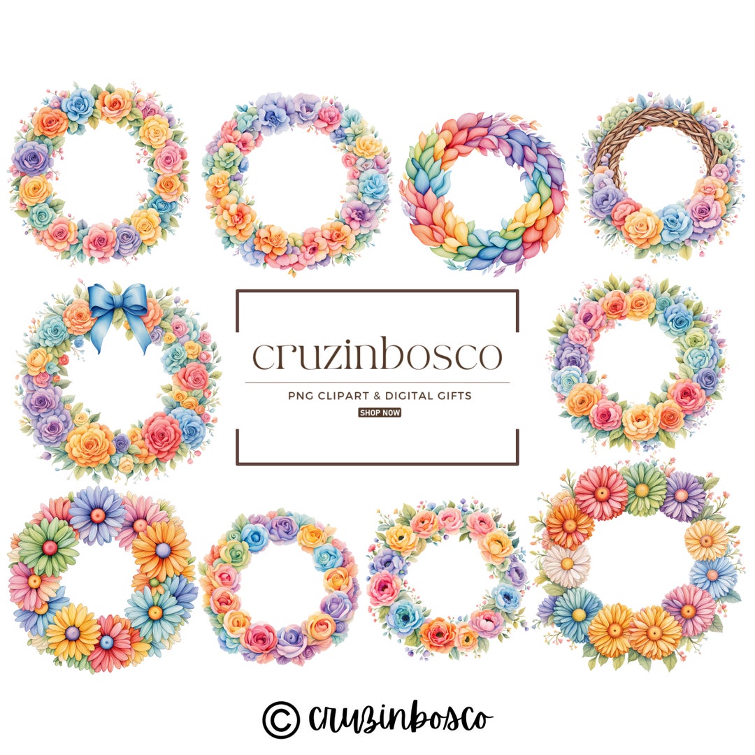 11 Rainbow Wreath Clipart, Floral Bundle, PNG Frames, Digital Download ...