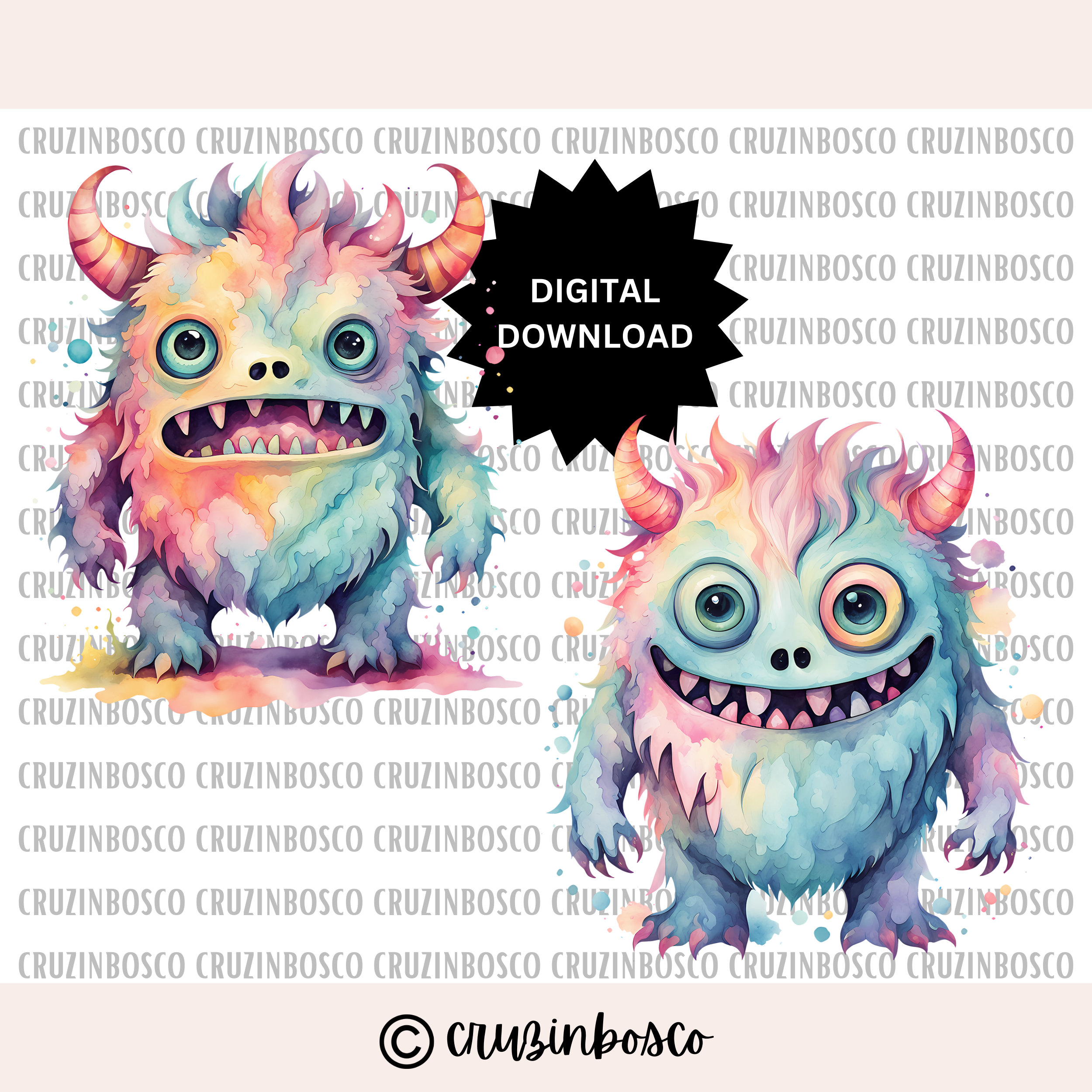 Watercolor Pastel Monsters Clipart Bundle, Adorable Scary Creature Set ...