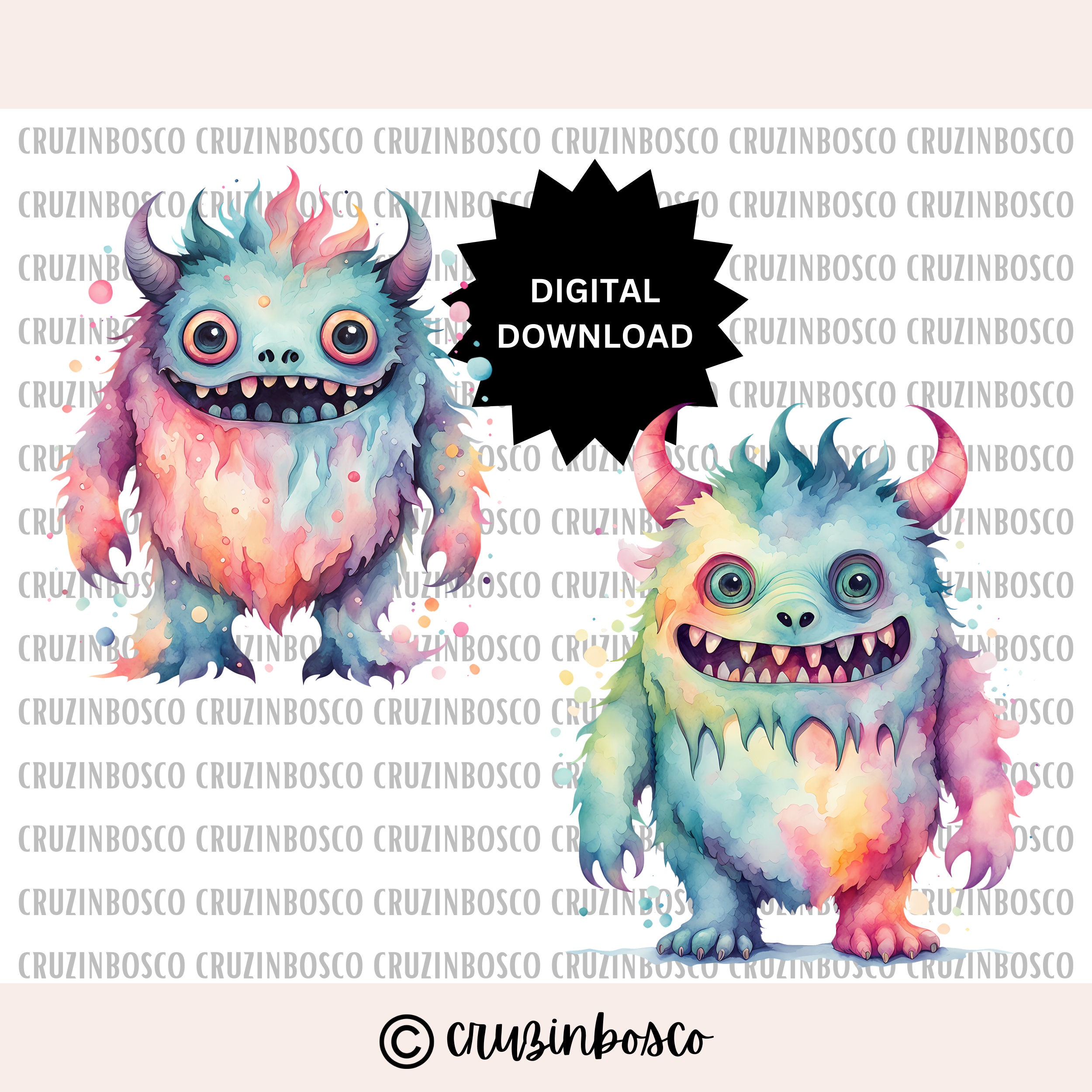 Watercolor Pastel Monsters Clipart Bundle, Adorable Scary Creature Set ...