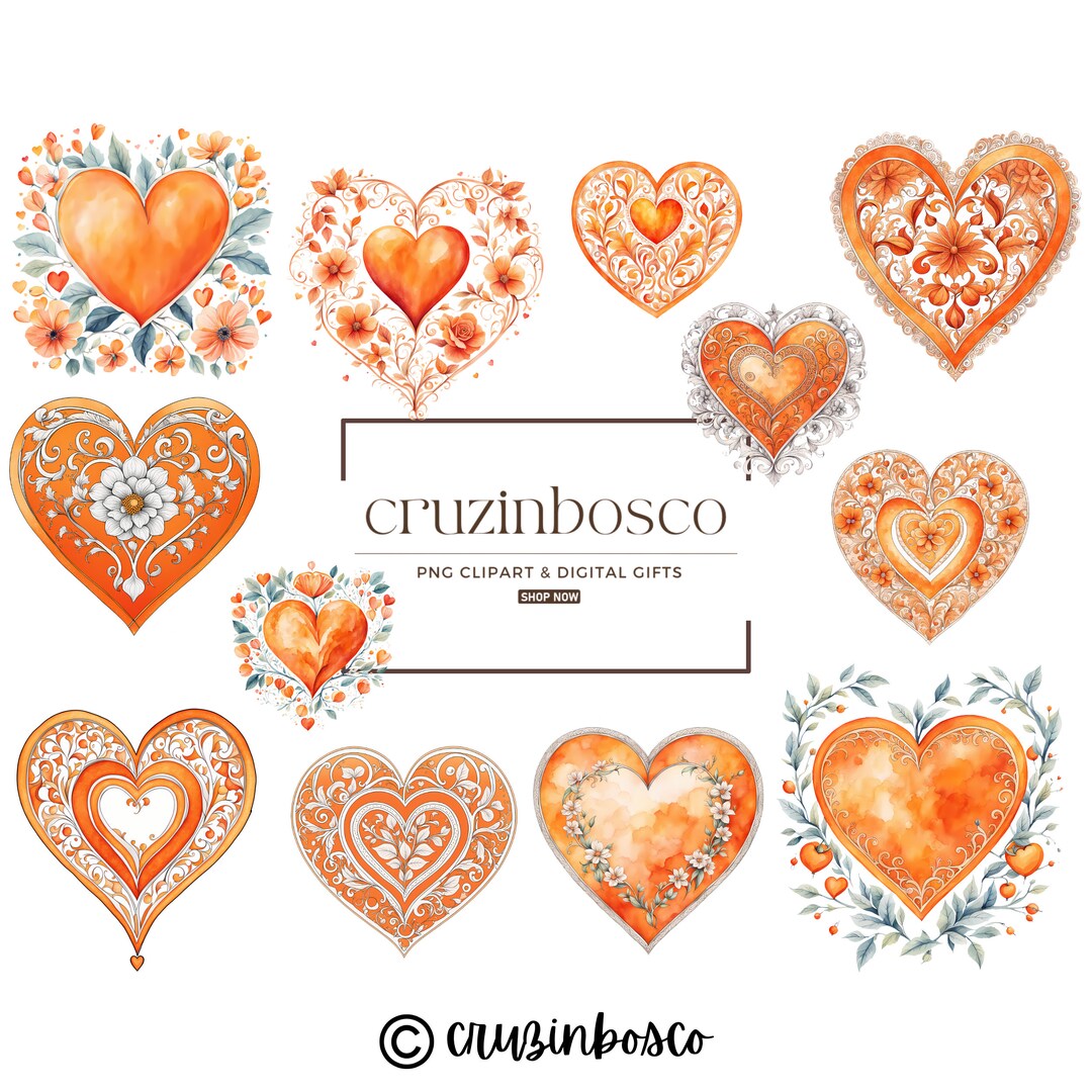 Orange Floral Hearts Clipart Collection Valentine Bundle High Quality ...