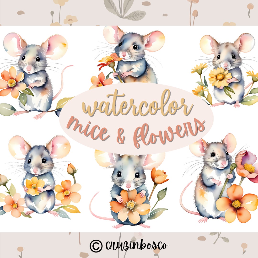Watercolor Mice and Flowers Clipart, Rodents, Wildflowers, Animals ...