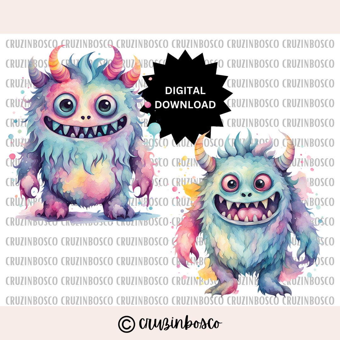 16 Watercolor Pastel Monster Clipart Bundle, Party Invitations (digital ...